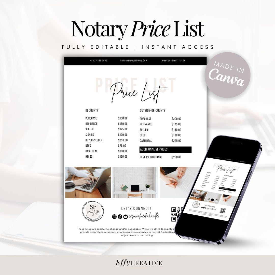 Notary Price List Template Editable Canva Notary Templates Loan Signing ...