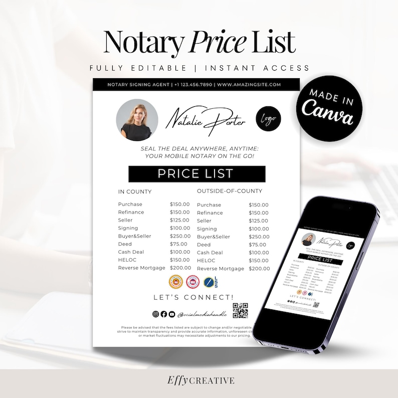 Notary Price List Template: Loan Signing Agent Fee Sheet (canva ...
