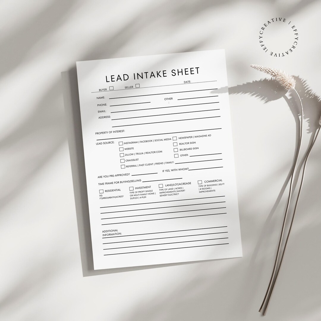 Printable Lead Intake Form for Realtors & Service Professionals ...