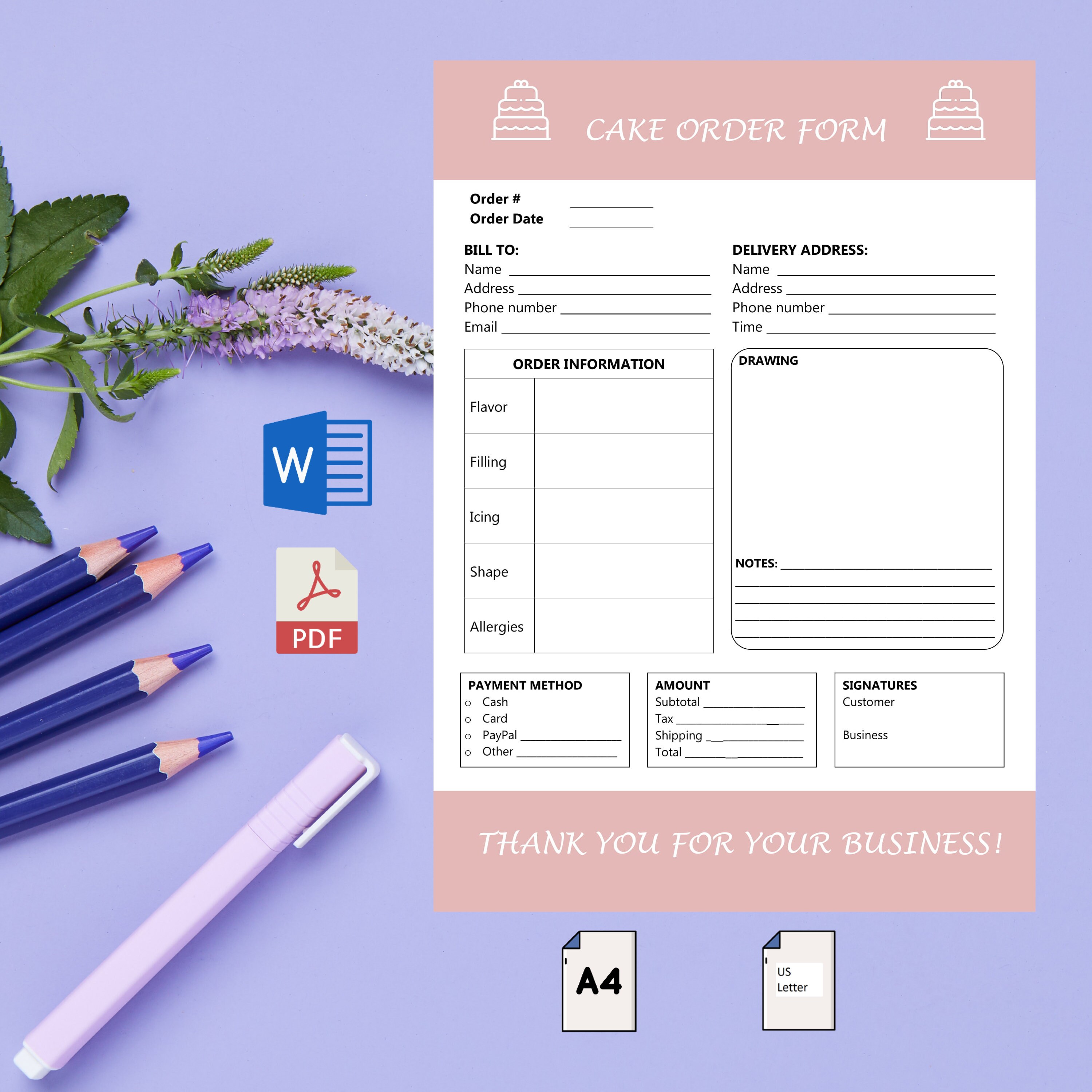 Cake Order Form Editable Template Bakery Order Form Receipt - Etsy