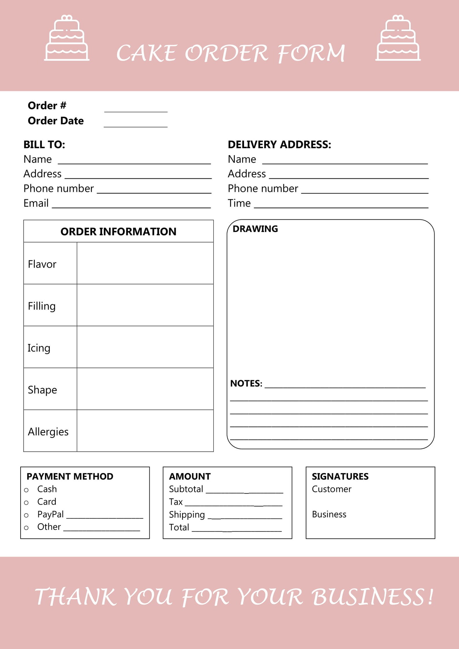 Cake Order Form Editable Template Bakery Order Form Receipt Home 