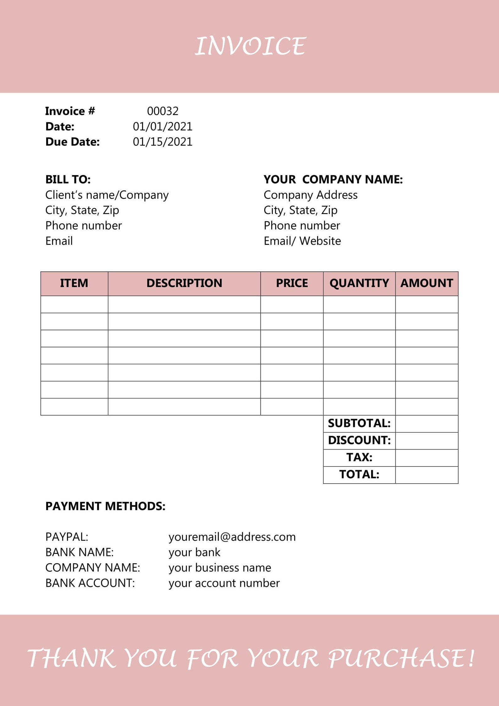 Pink Invoice Template Invoice Template Word And PDF Editable Etsy