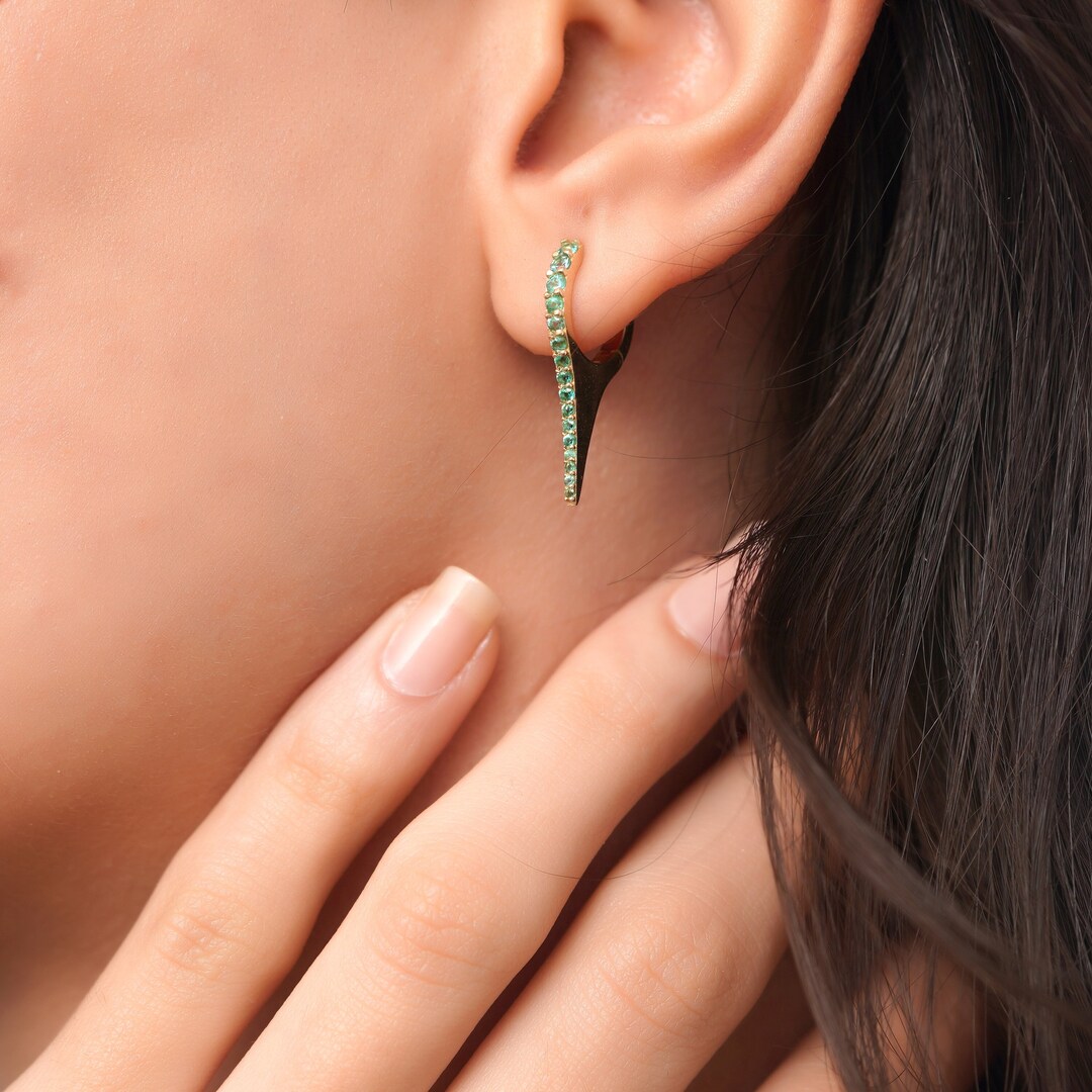 Solid 14K Gold Diamond Pointy Long Earrings / White Natural Diamonds ...