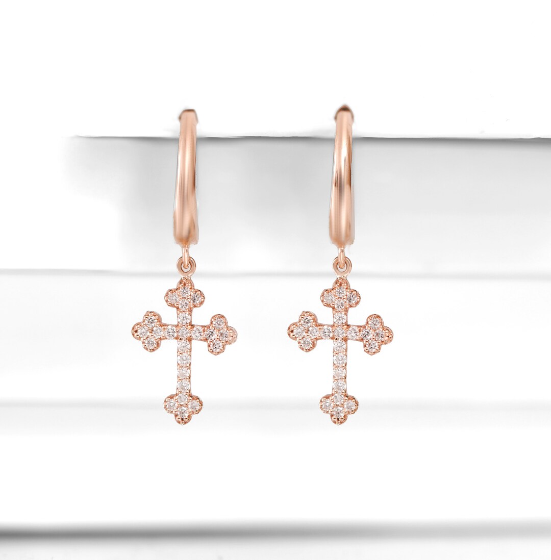 Solid 14K Gold Diamond Cross Hoop Earrings / 0.50 CTW Natural White ...