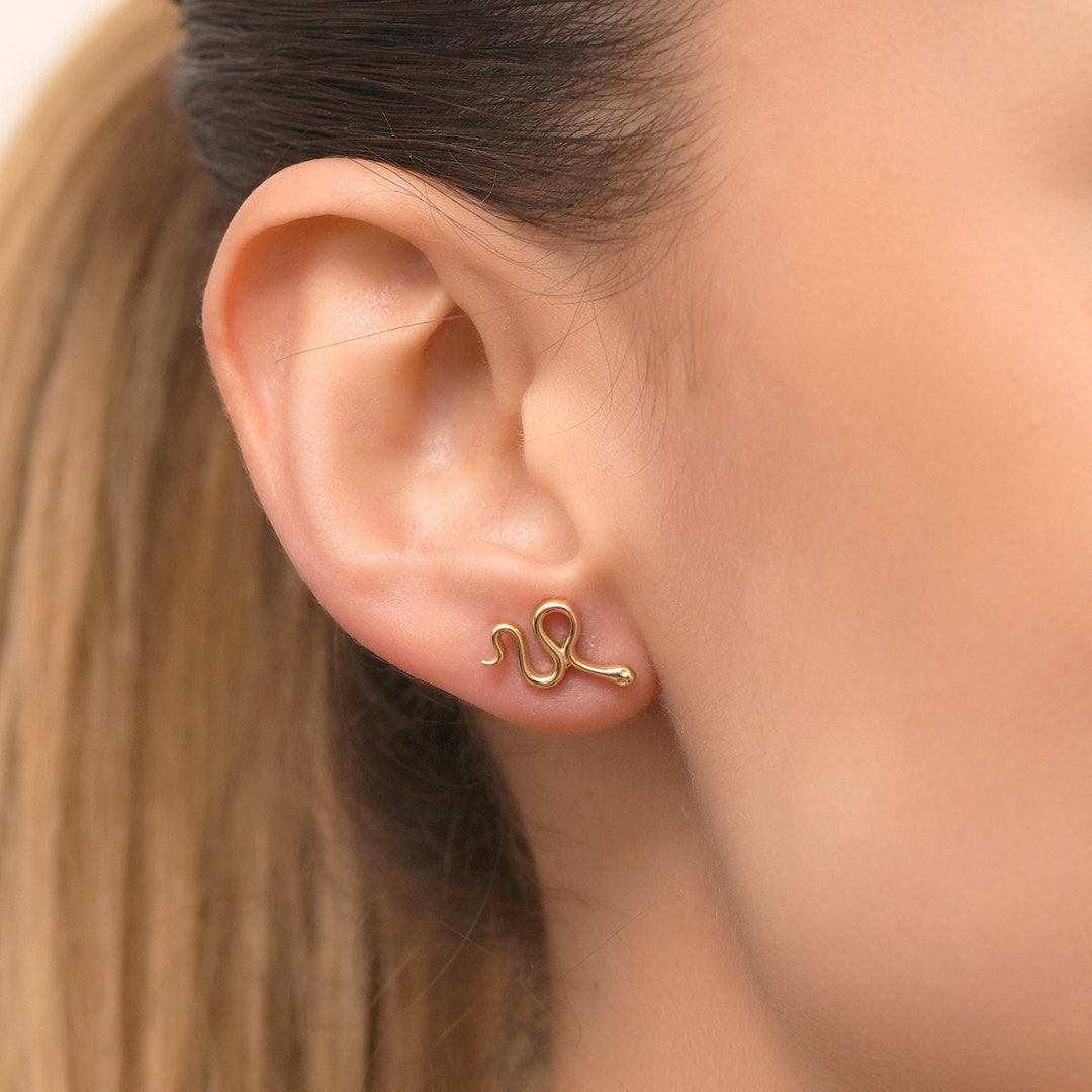 14K Solid Gold Snake Stud Earrings / White, Yellow or Rose Gold/ Gift ...