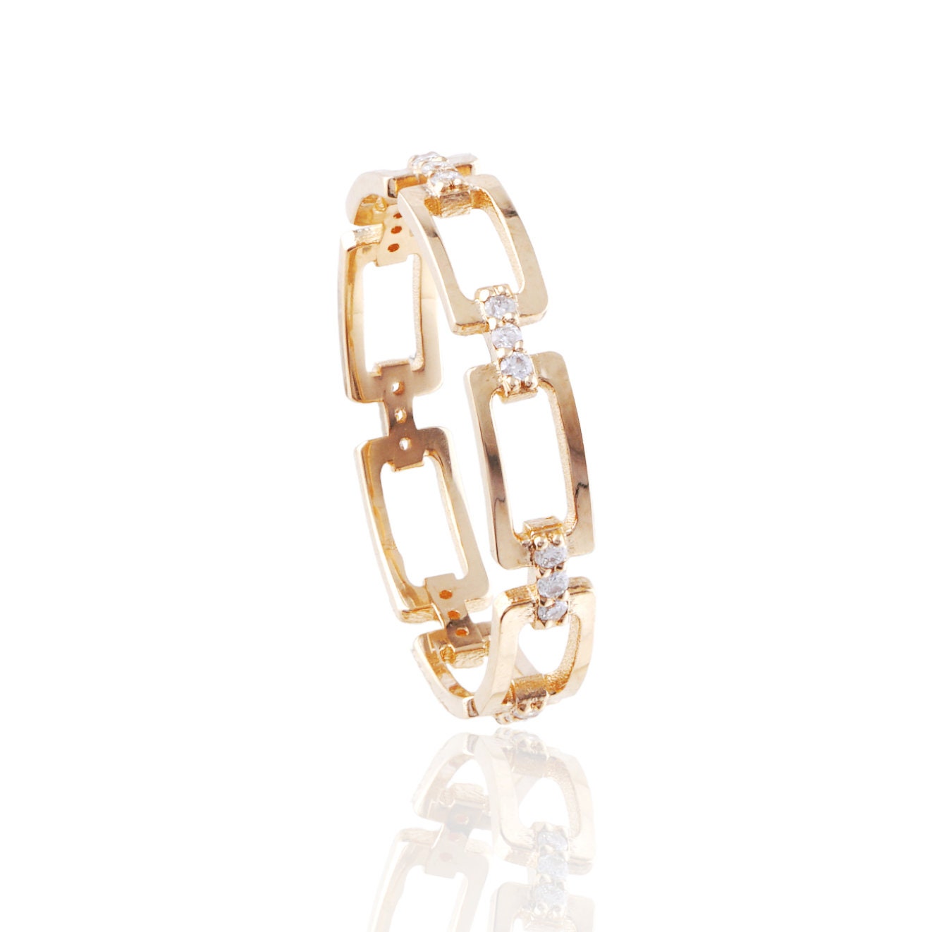 14K Gold Diamond Chain Ring, Gold Stacking Ring, Thick Chain Ring, Long ...