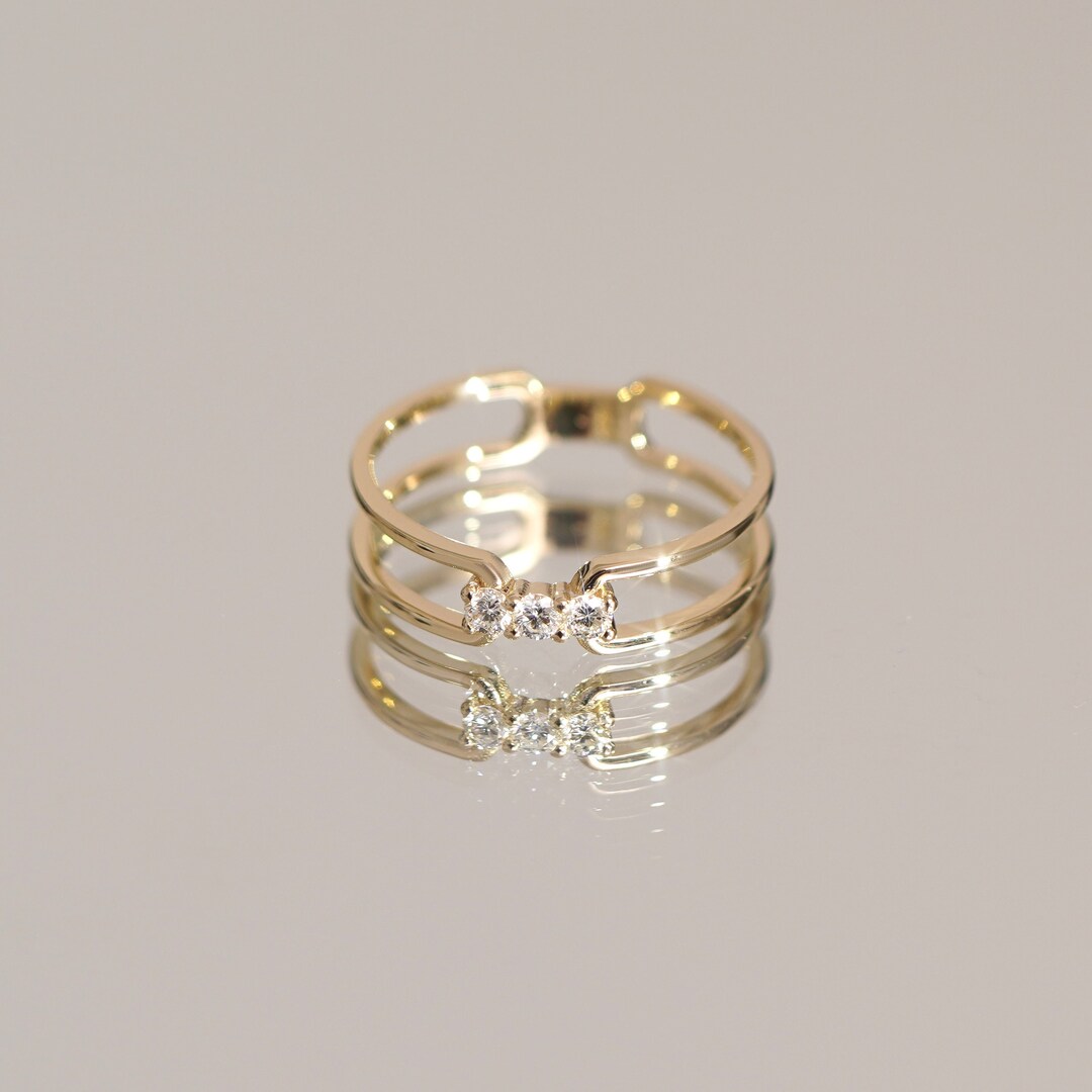 14K Gold Double Line Ring 3x Center Diamonds / Customizable / Stacking / Statement / Minimalist ...