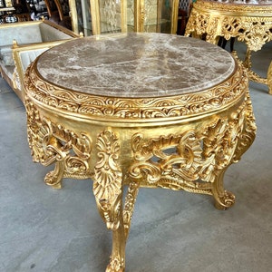 Wooden Table Marble Top Royal Baroque Style Round Table Light Brown ...