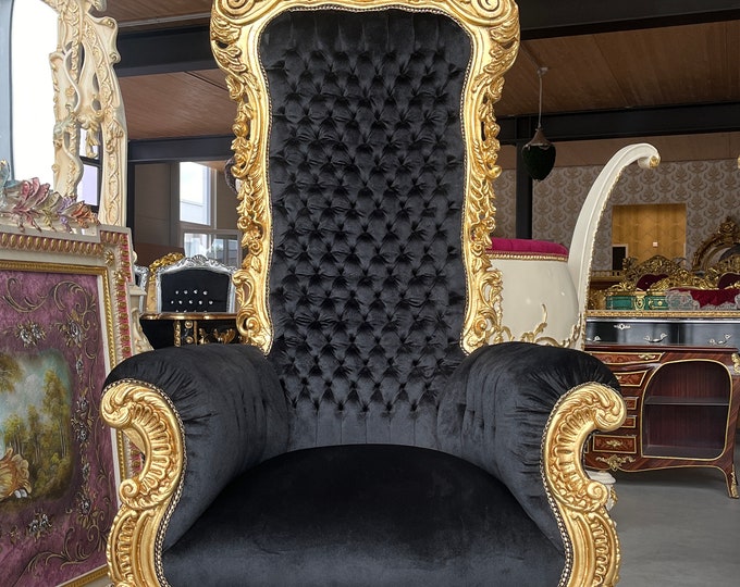 Huge Armchair Gold Crown King Throne Tufted Velvet Black Baroque Style ...
