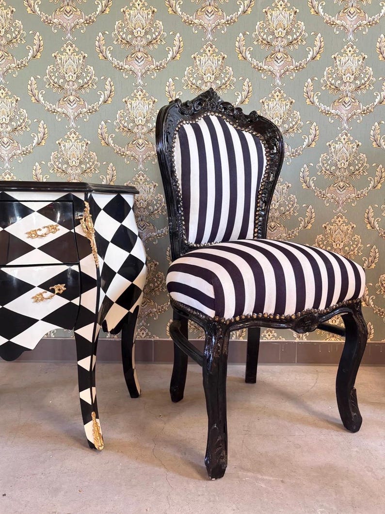 French Louis XV Baroque Stripe Accent Chair – Black Beech Wood Lounge ...