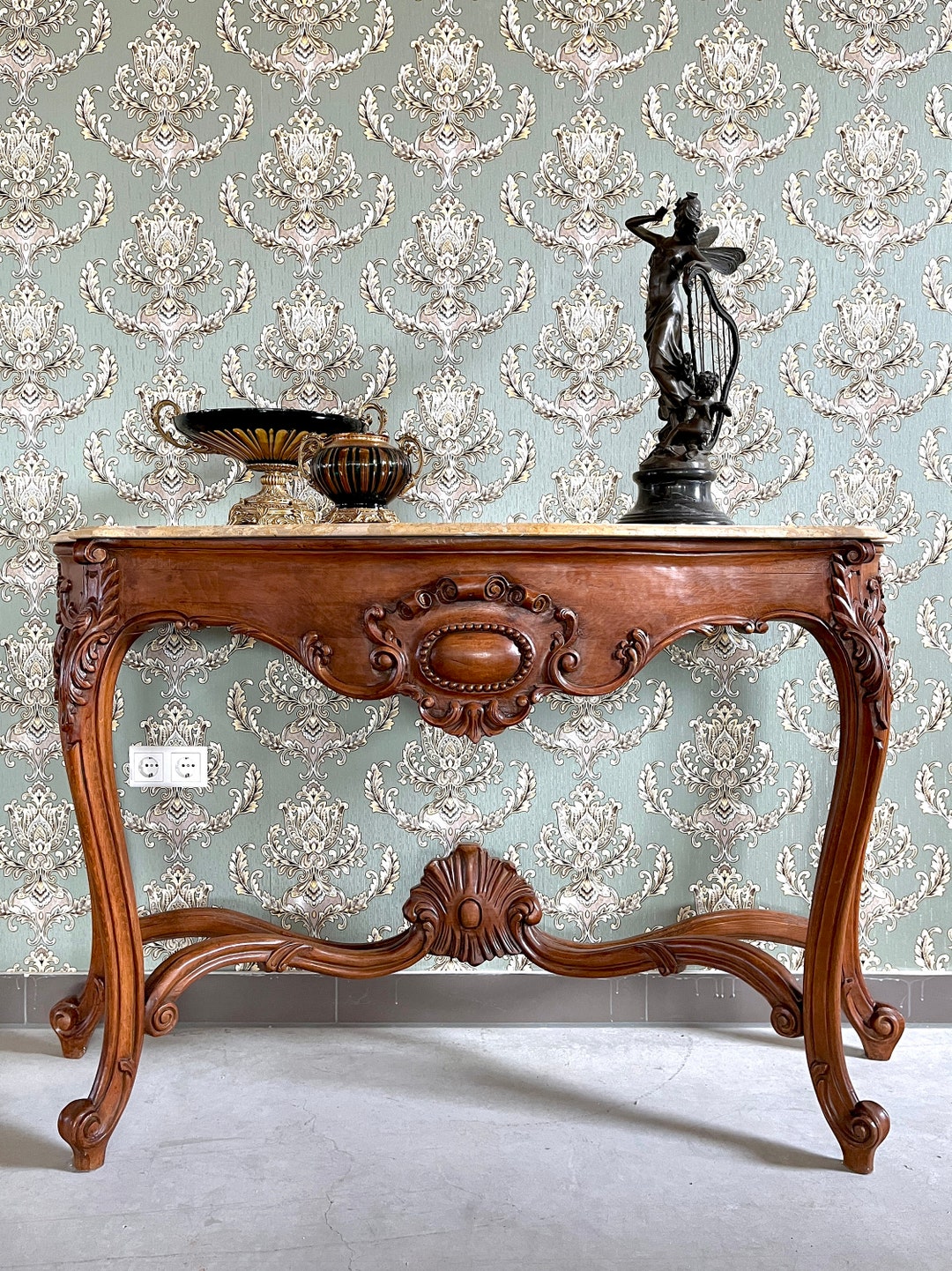Console Table French Antique Style in Solid Wood Brown and Marble Slab ...