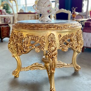 Wooden Table Marble Top Royal Baroque Style Round Table Light Brown ...