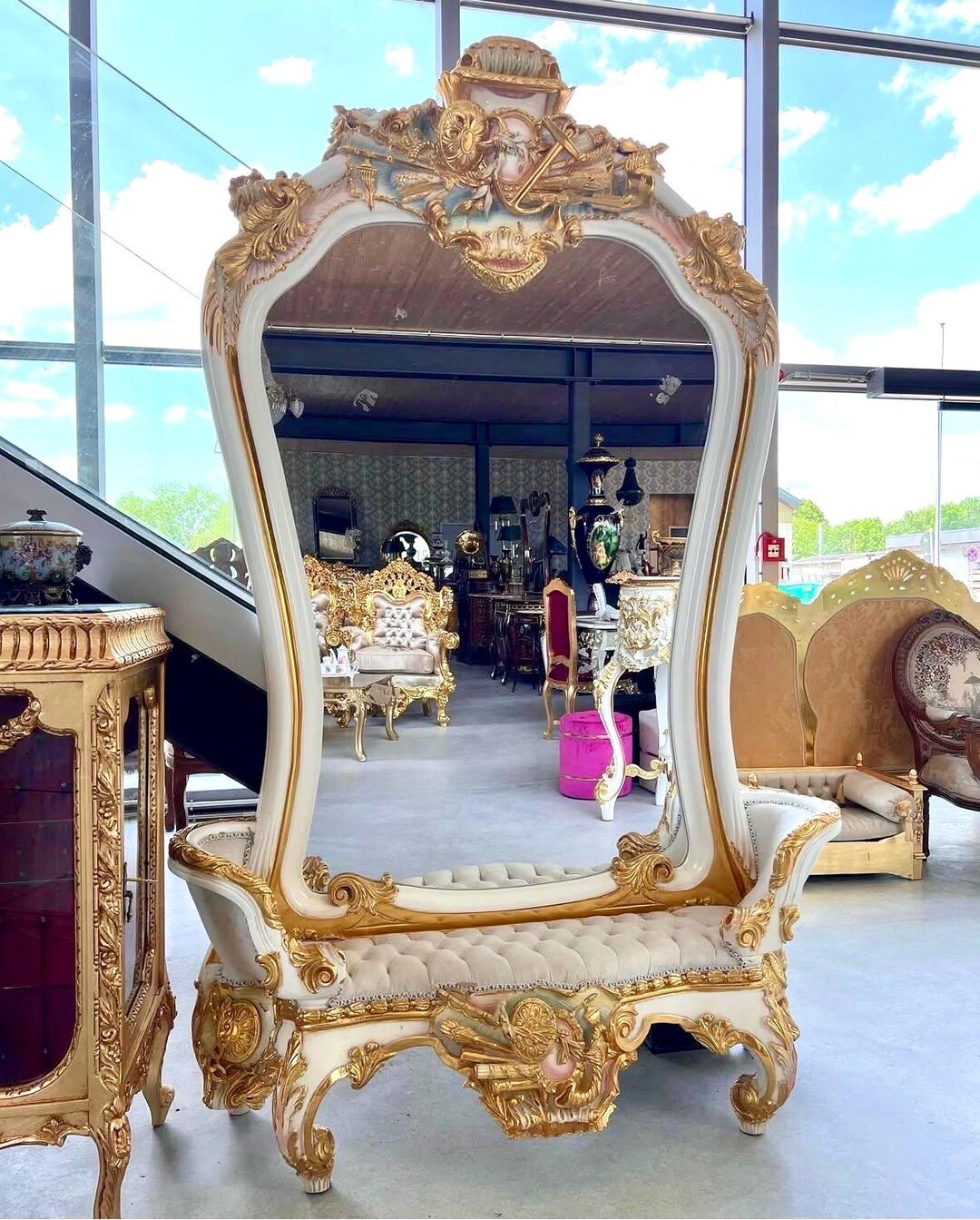 Wall Mirror & Bench Set Retro Baroque Rococo Style in Gold Finish Huge ...