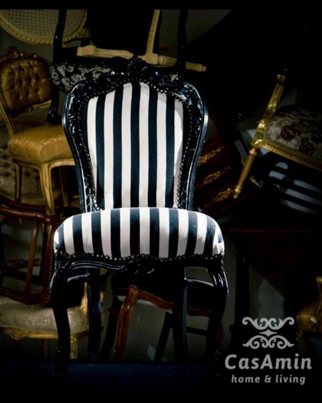 French Louis XV Baroque Stripe Accent Chair – Black Beech Wood Lounge ...