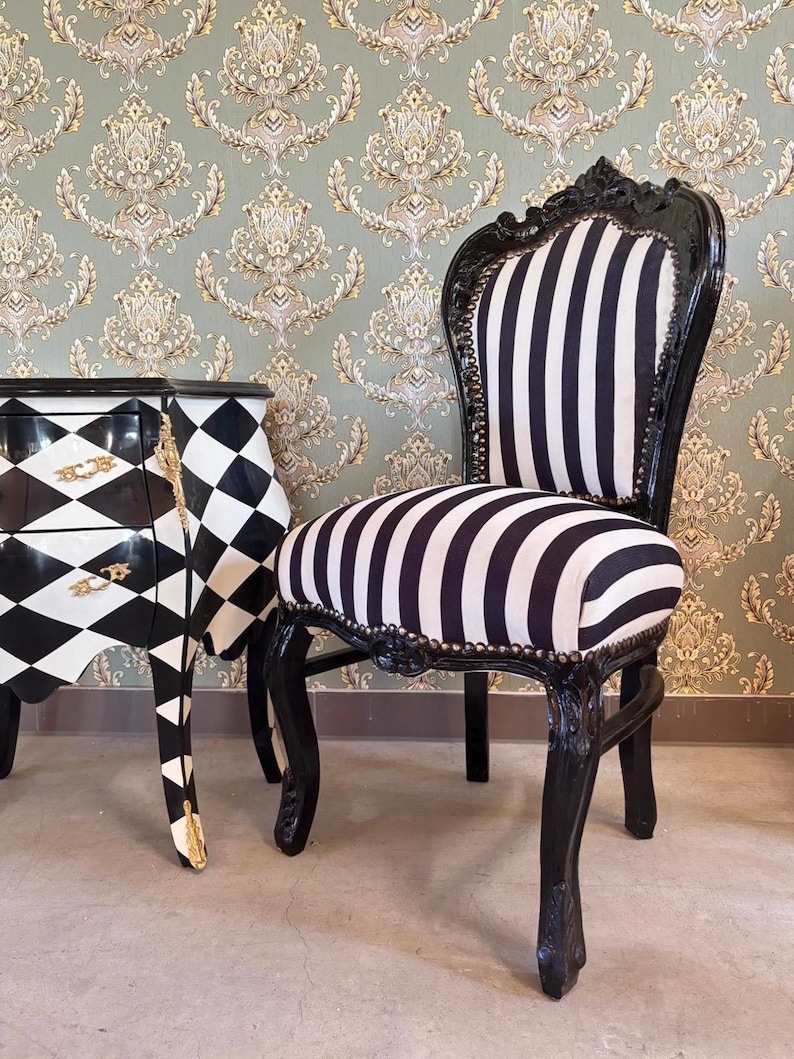 French Louis XV Baroque Stripe Accent Chair – Black Beech Wood Lounge ...
