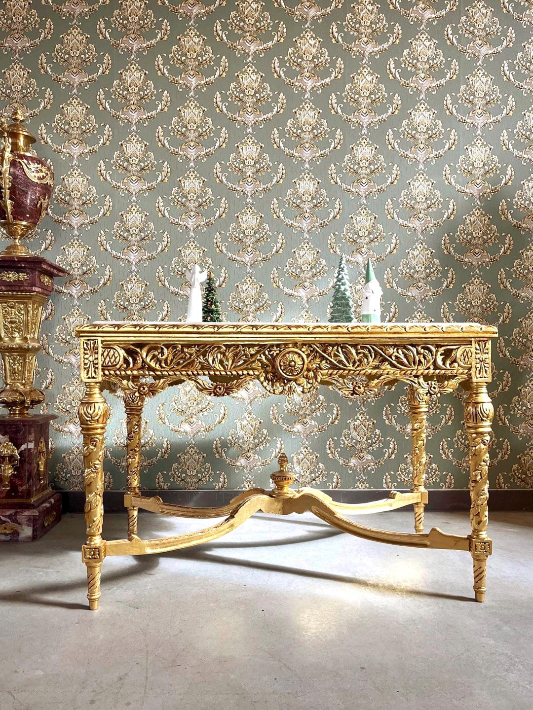 Deluxe Rococo Dining Table: Gold Leaf Gilt Beige Marble Top 120 X 68 Cm ...
