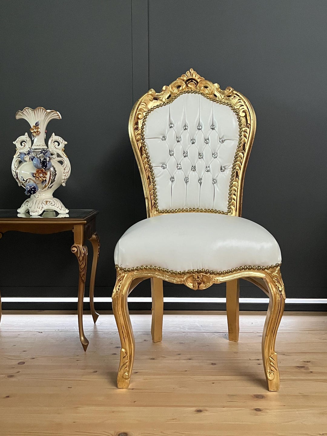 White Chair Faux Leather Rococo Accent Gold Finish - Etsy