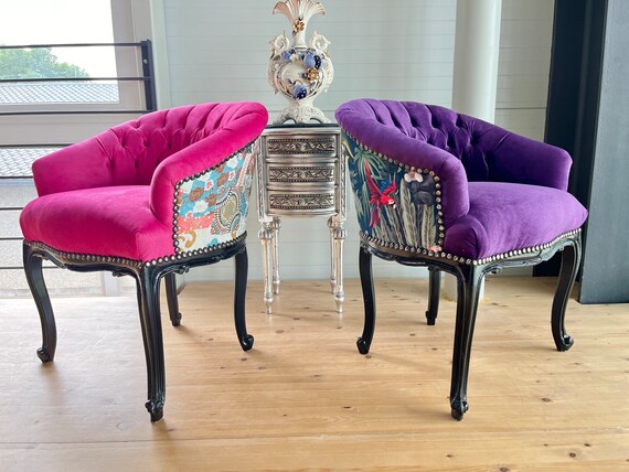 Cocktail Chair Tufted Velvet French Baroque Rococo Style in Floral Jungle Print Bar Chair Tufted Velvet Fuchsia Velvet Purple for Party Deco Etsy UK