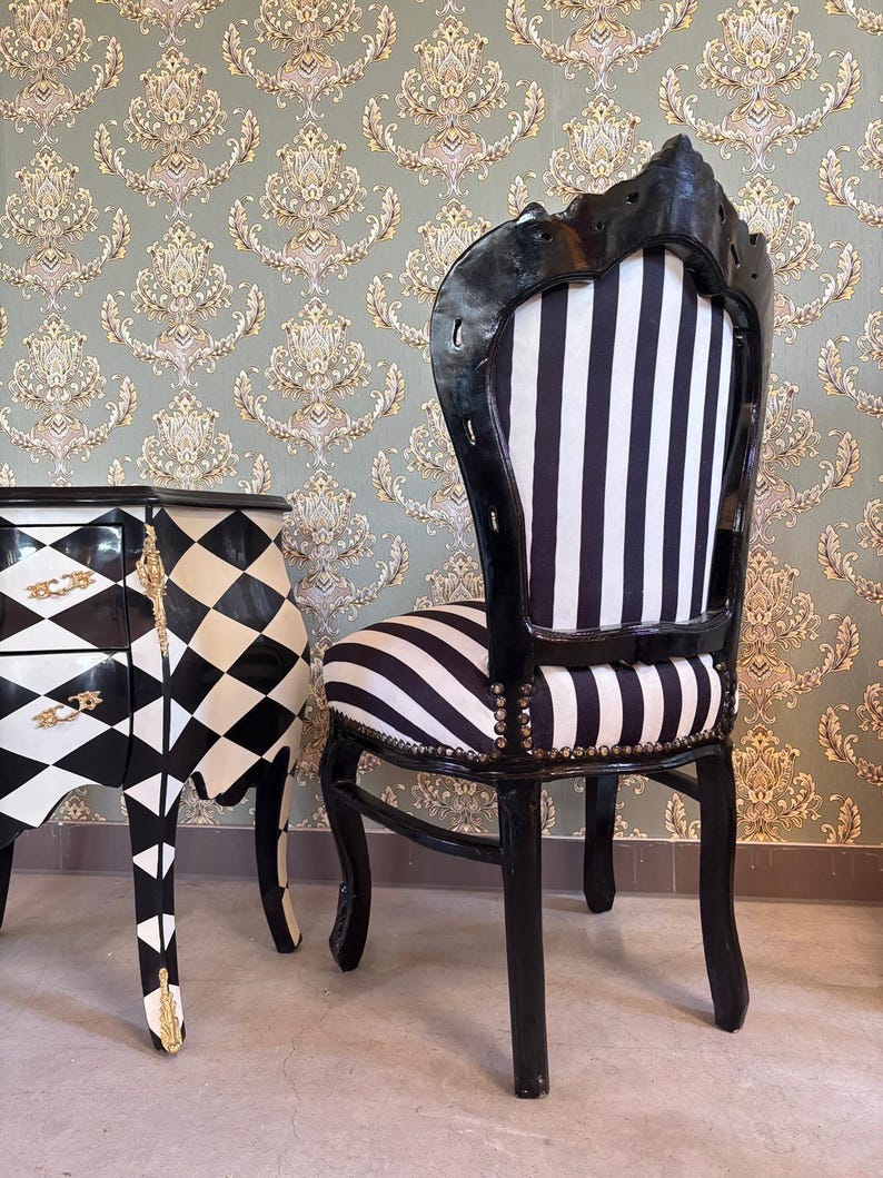 French Louis XV Baroque Stripe Accent Chair – Black Beech Wood Lounge ...