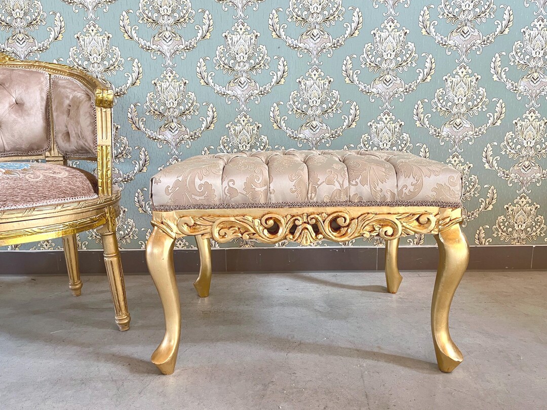 Small Square Bench Retro Baroque Rococo Style Ottoman in Beige Colour ...