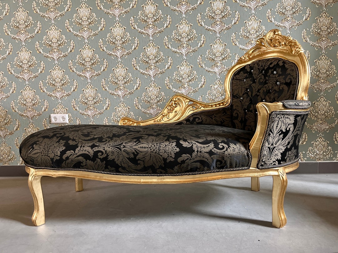Chaise Longue French Louis Style in Black Floral Fabric Retro Baroque ...