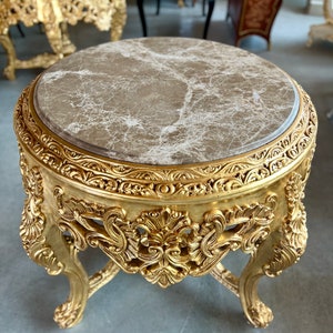 Wooden Table Marble Top Royal Baroque Style Round Table Light Brown ...