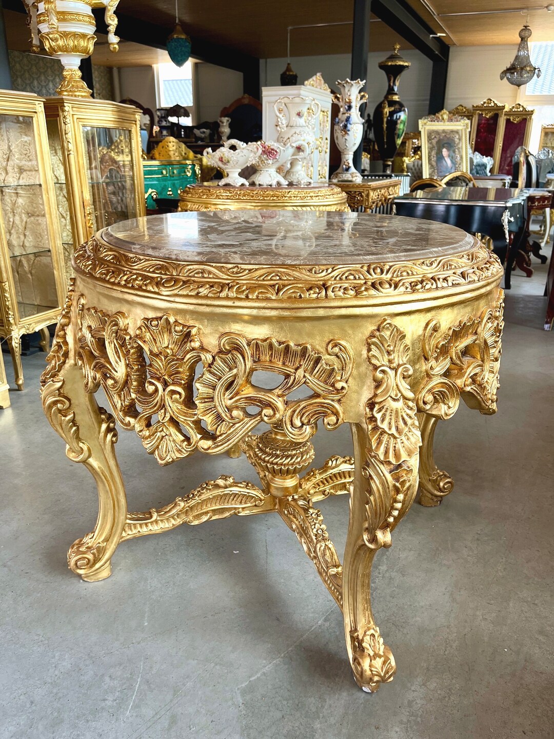 Wooden Table Marble Top Royal Baroque Style Round Table Light Brown ...