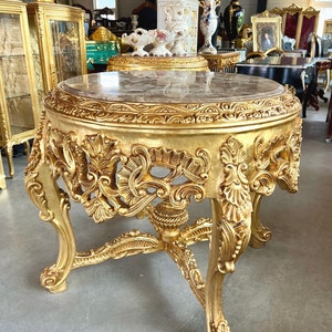 Wooden Table Marble Top Royal Baroque Style Round Table Light Brown ...