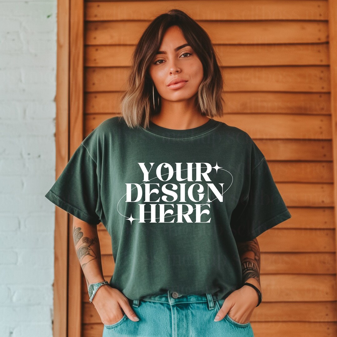 Comfort Colors C1717 Blue Spruce Shirt - Model Mockup- Green Colored ...