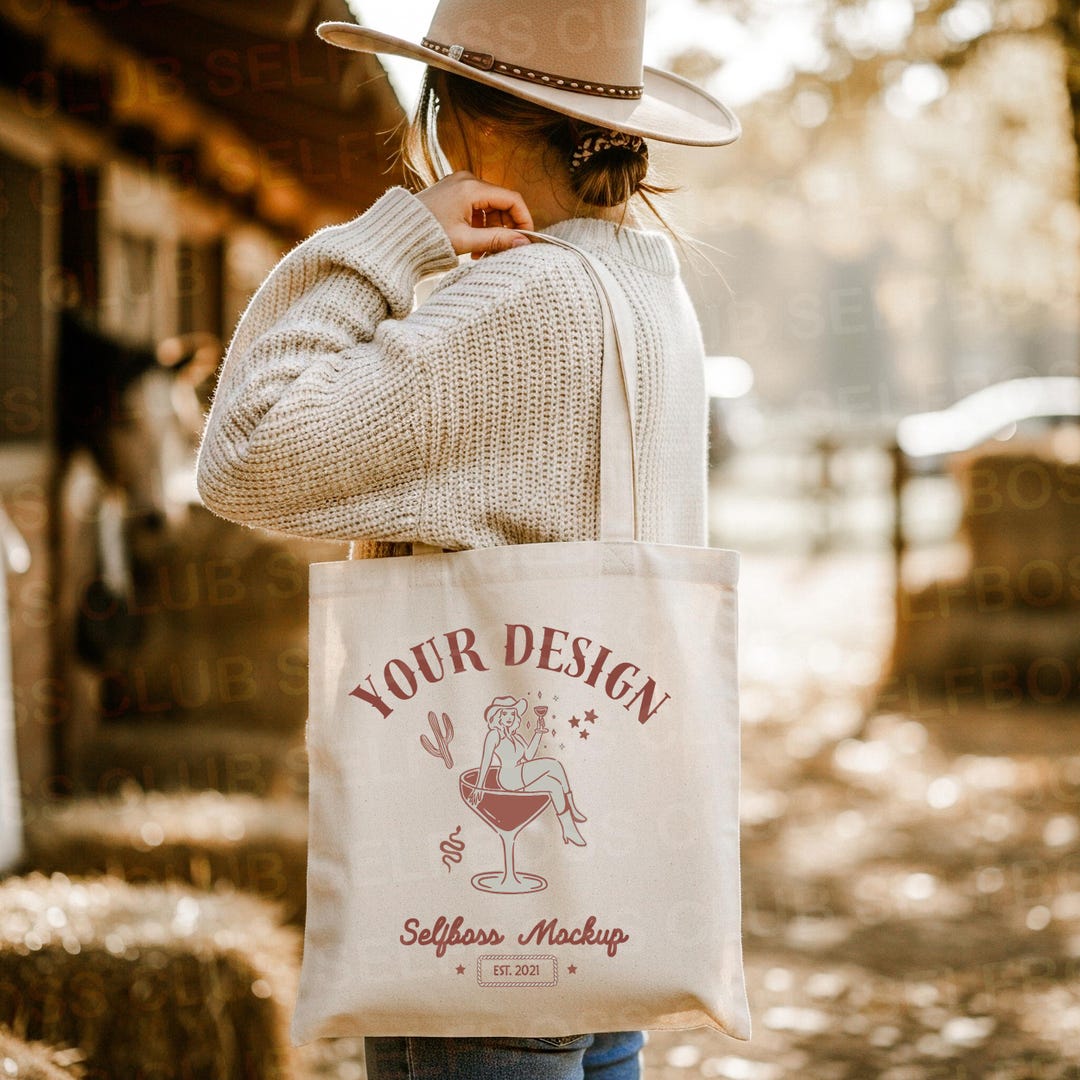Canvas Tote Bag Mockup, Model Holding Tote, Fall Cute and Cozy, Fall ...
