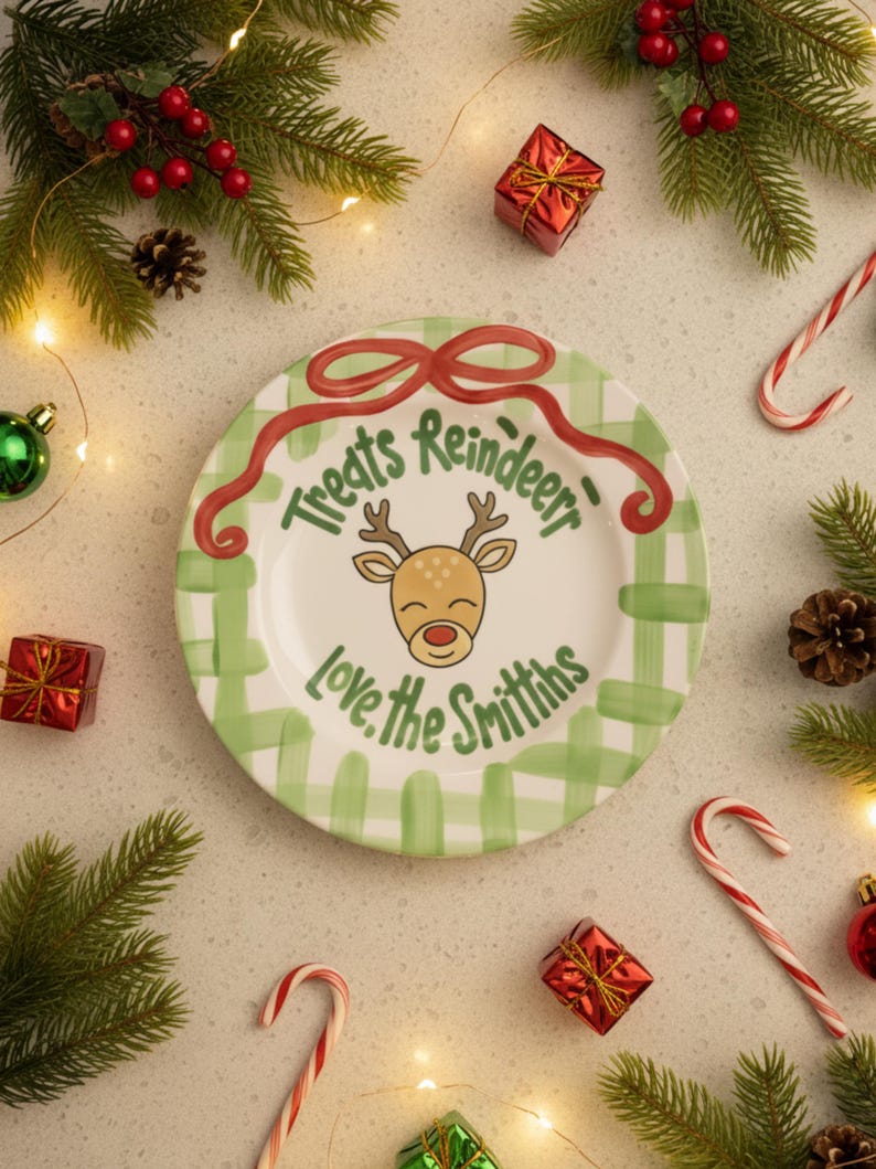 Reindeer Treat Plate – Custom Santa Cookie Plate With Family Name, Hand ...