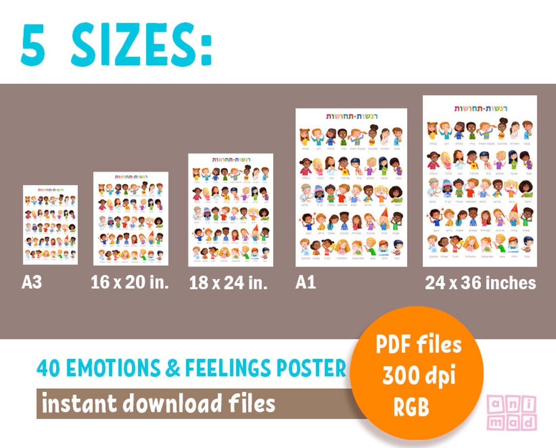EMOTIONS & FEELINGS Printable Poster for Preschool Kids in HEBREW ...