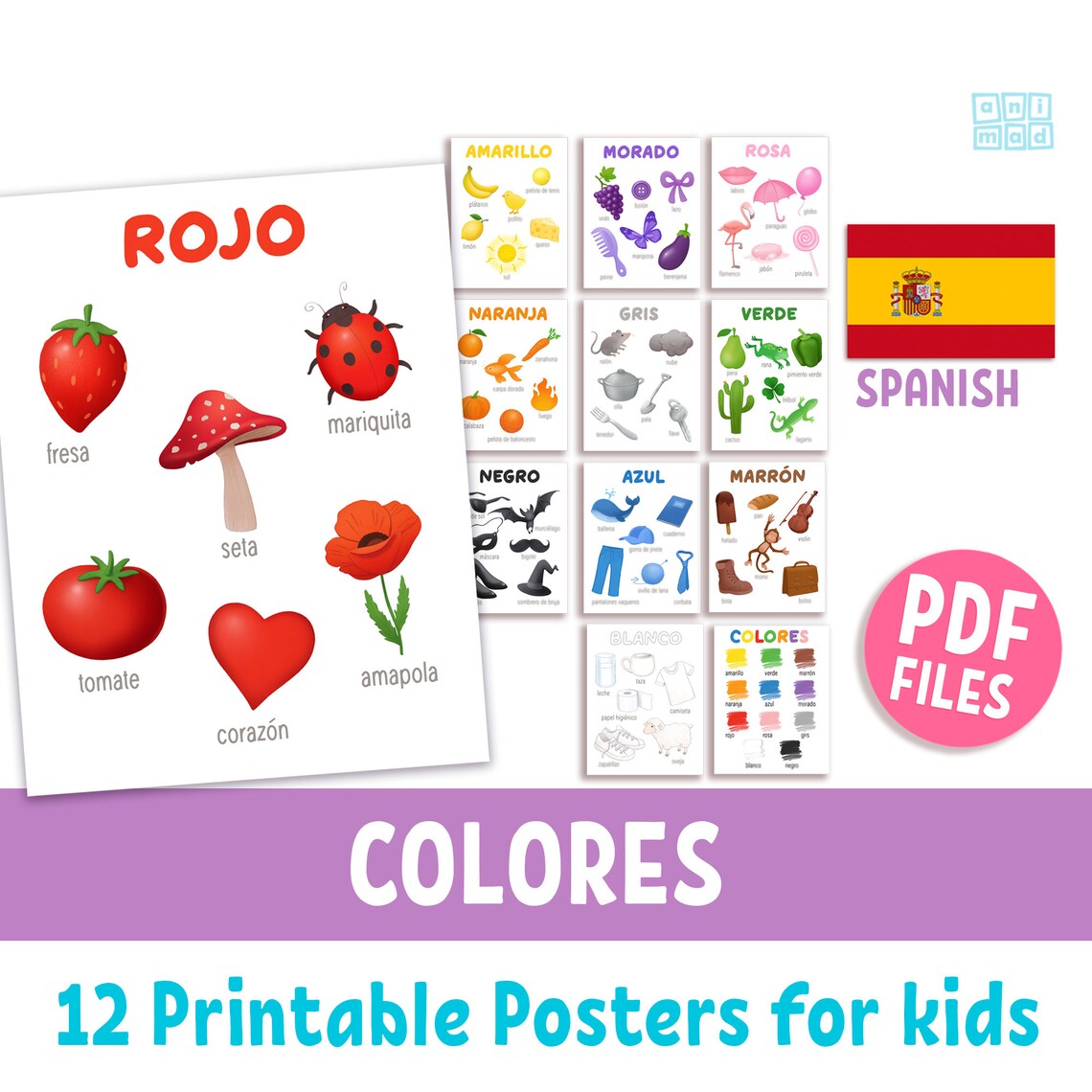 COLORS Printable Posters for Preschool Kids in SPANISH, Set of 12 ...