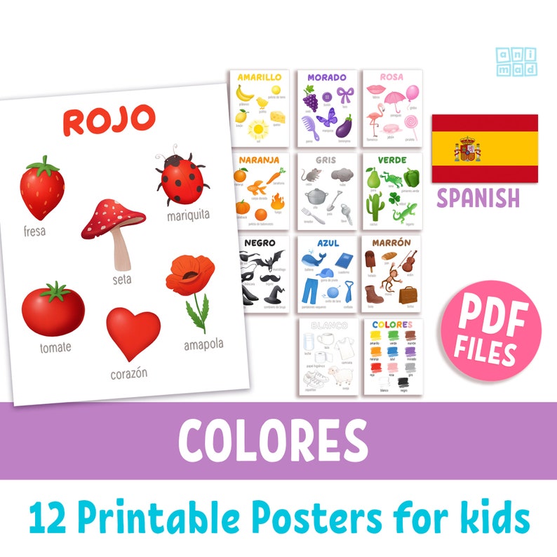COLORS Printable Posters for Preschool Kids in SPANISH, Set of 12 ...