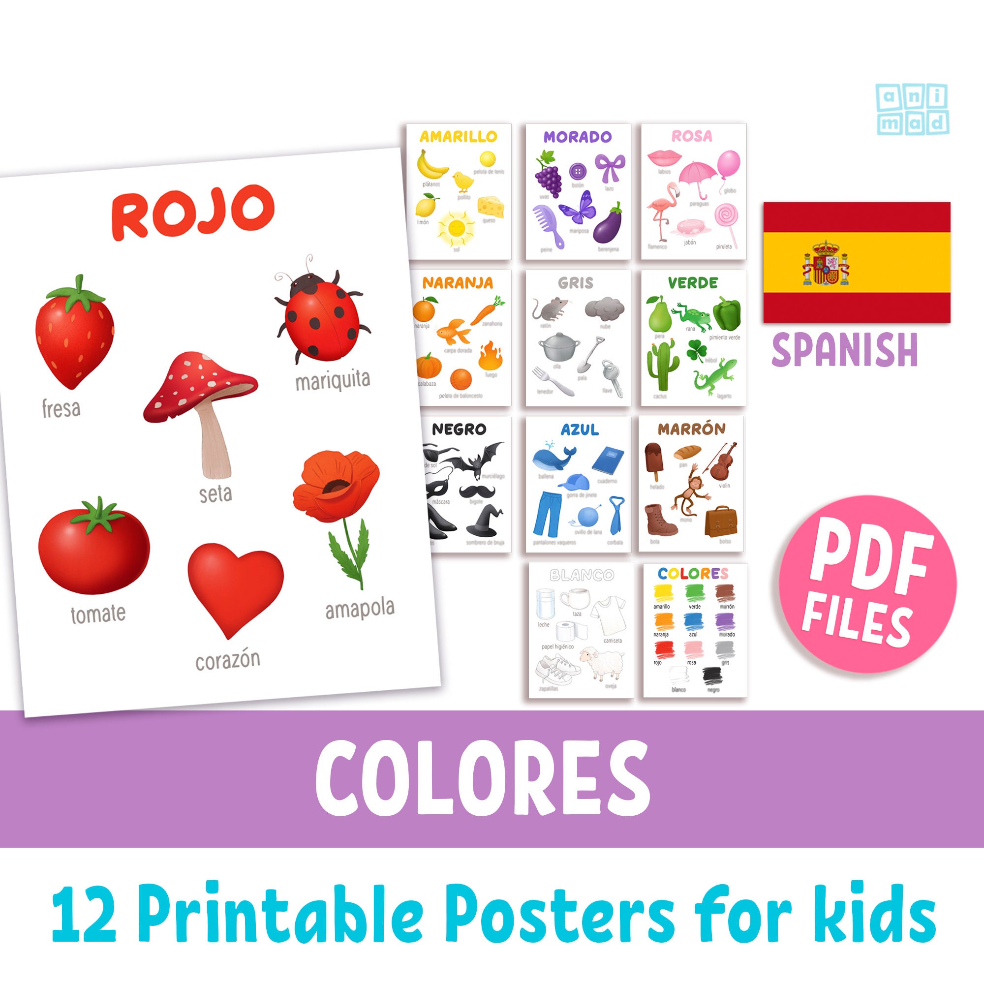 COLORES carteles imprimibles para niños de preescolar en ESPAÑOL, set ...