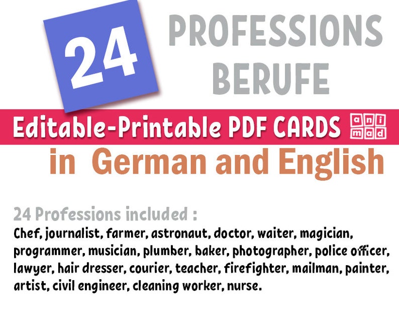 PROFESSIONS Printable Flashcards for Preschool Kids in German & English ...