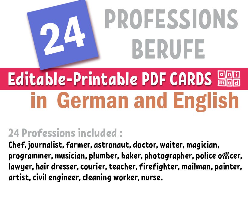 PROFESSIONS Printable Flashcards for Preschool Kids in German & English ...