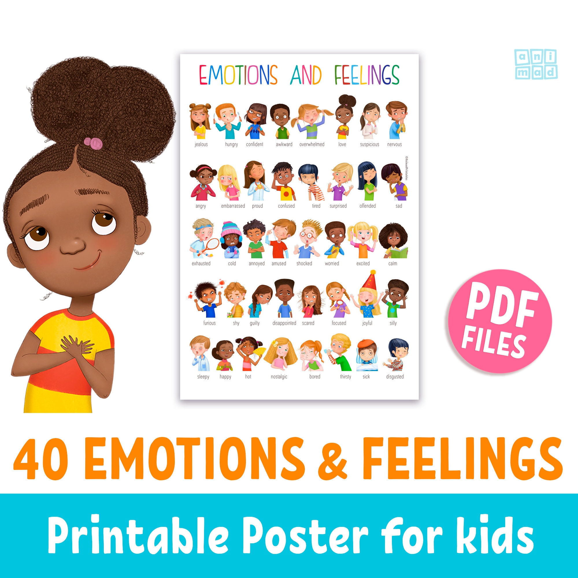 Printable EMOTIONS POSTER for Kids in English, 40 Diverse Feelings ...