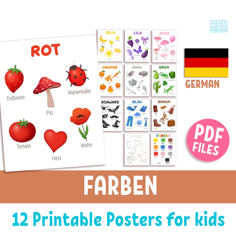 COLORS Printable Posters for Preschool Kids in GERMAN, Set of 12 ...
