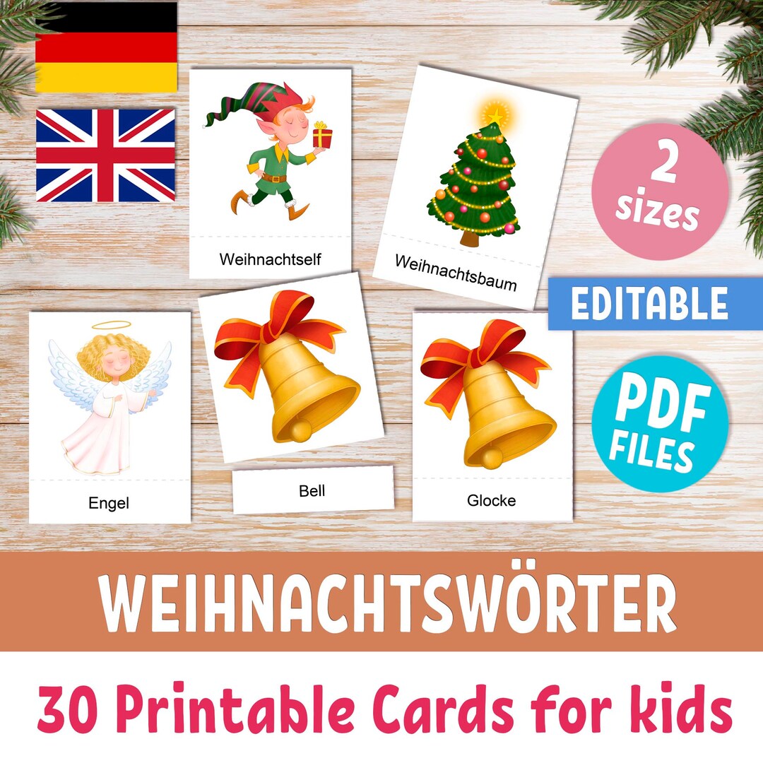 Christmas Flashcards for Kids : English & German, Montessori 3-part ...