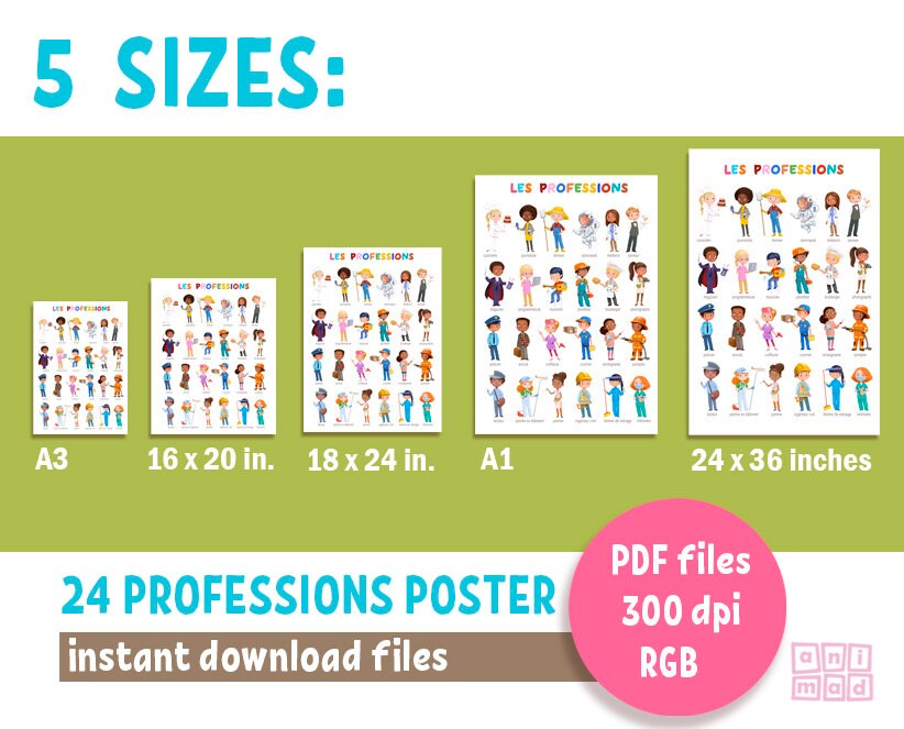 PROFESSIONS Printable Poster for Preschool Kids in FRENCH, Vocabulary ...