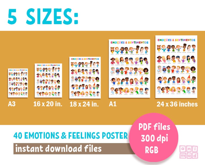 EMOTIONS & FEELINGS Printable Poster for Preschool Kids in PORTUGUESE ...