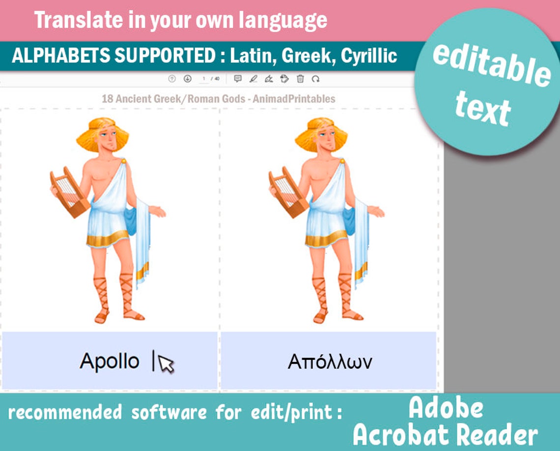 GREEK GODS Printable Flashcards for Kids, 18 Editable Text Montessori 3 ...