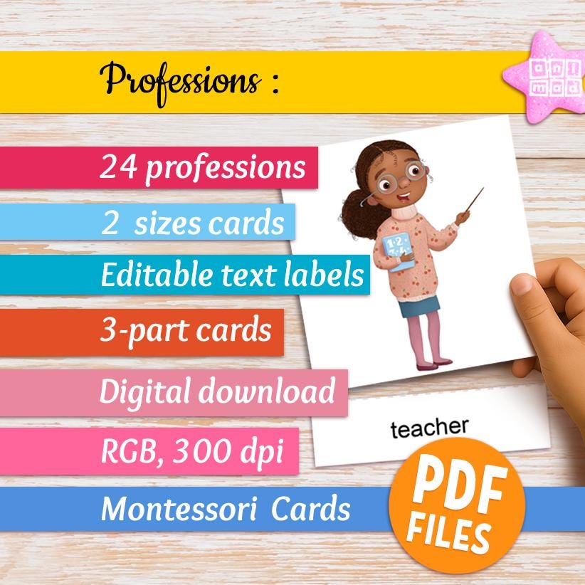 24 PROFESSIONS Flashcards for Preschool Kids, Montessori Vocabulary 3 ...