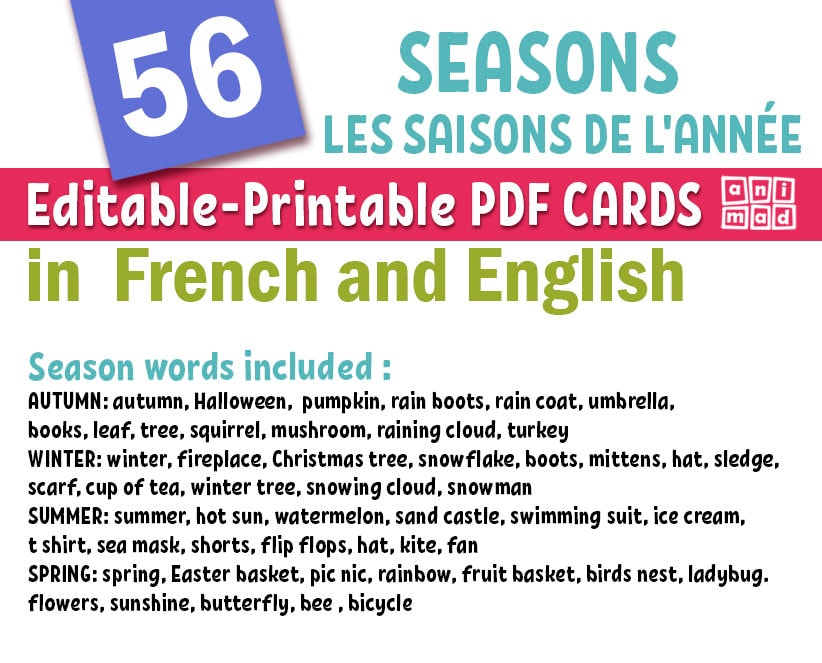 Seasons Flashcards for Kids, French & English, Montessori Vocabulary ...