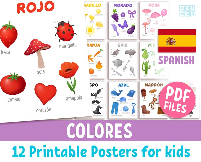 COLORS Printable Posters for Preschool Kids in SPANISH, Set of 12 ...