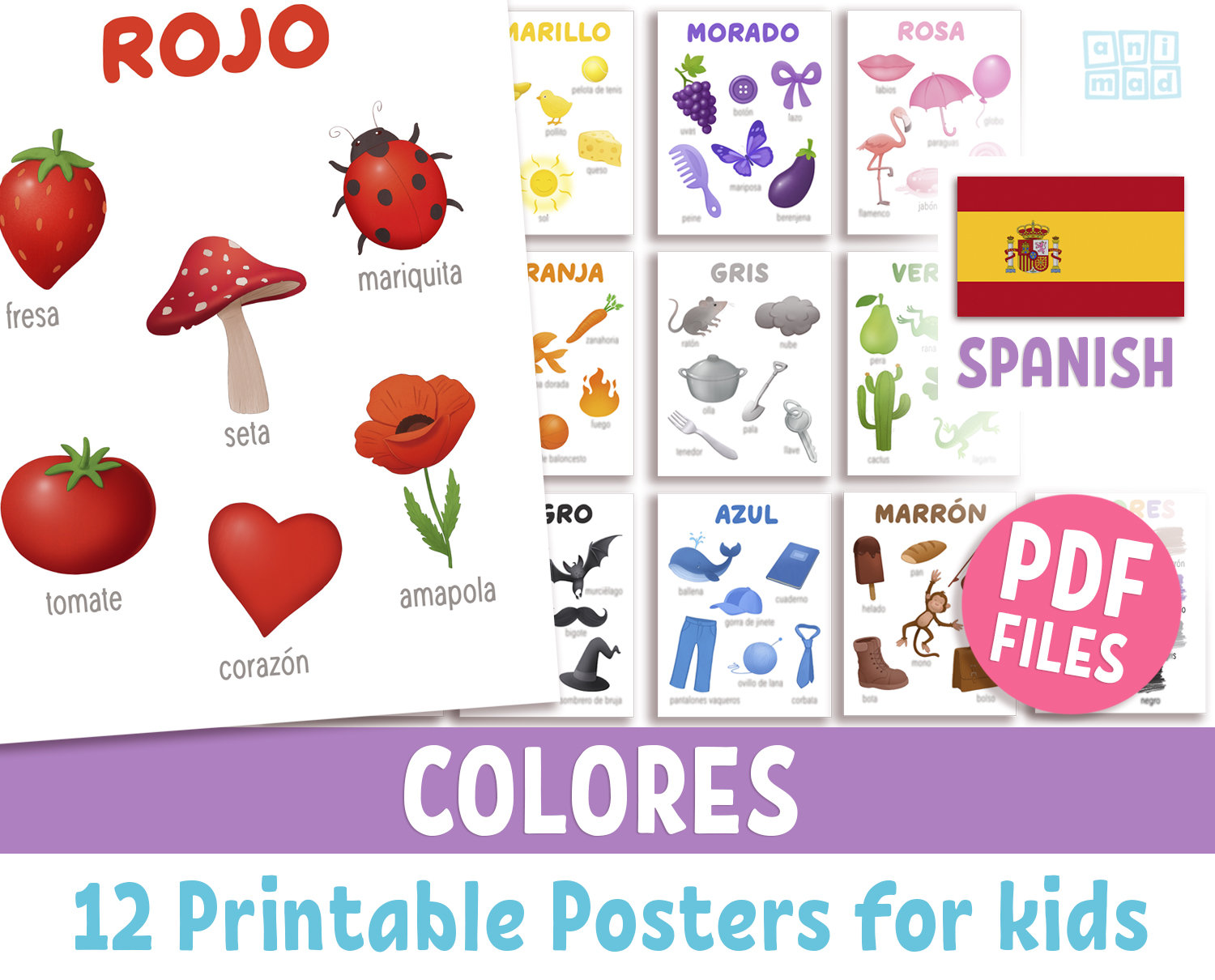 COLORS Printable Posters for Preschool Kids in SPANISH, Set of 12 ...