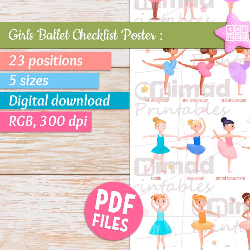 Ballet Poses Checklist Poster for Girls: Dance Studio Decor, Ballerina ...