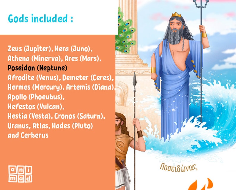 Ancient GREEK Gods Printable Poster for Kids in GREEK, 12 Olympian Gods ...