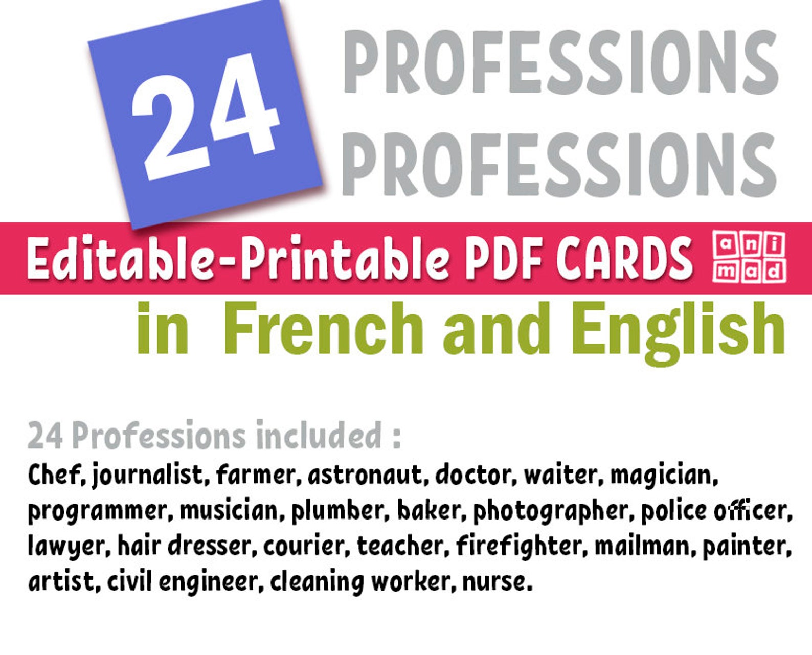 French English Professions Flashcards for Kids, 24 Montessori ...